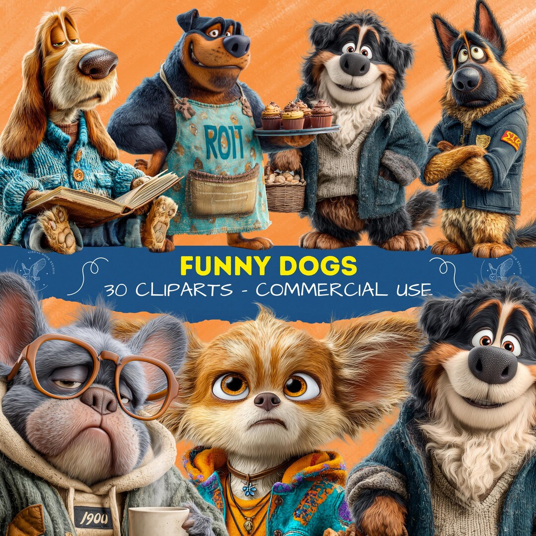 30 Funny Dog Cliparts: Cartoon PNG Images for Scrapbooking (digital ...
