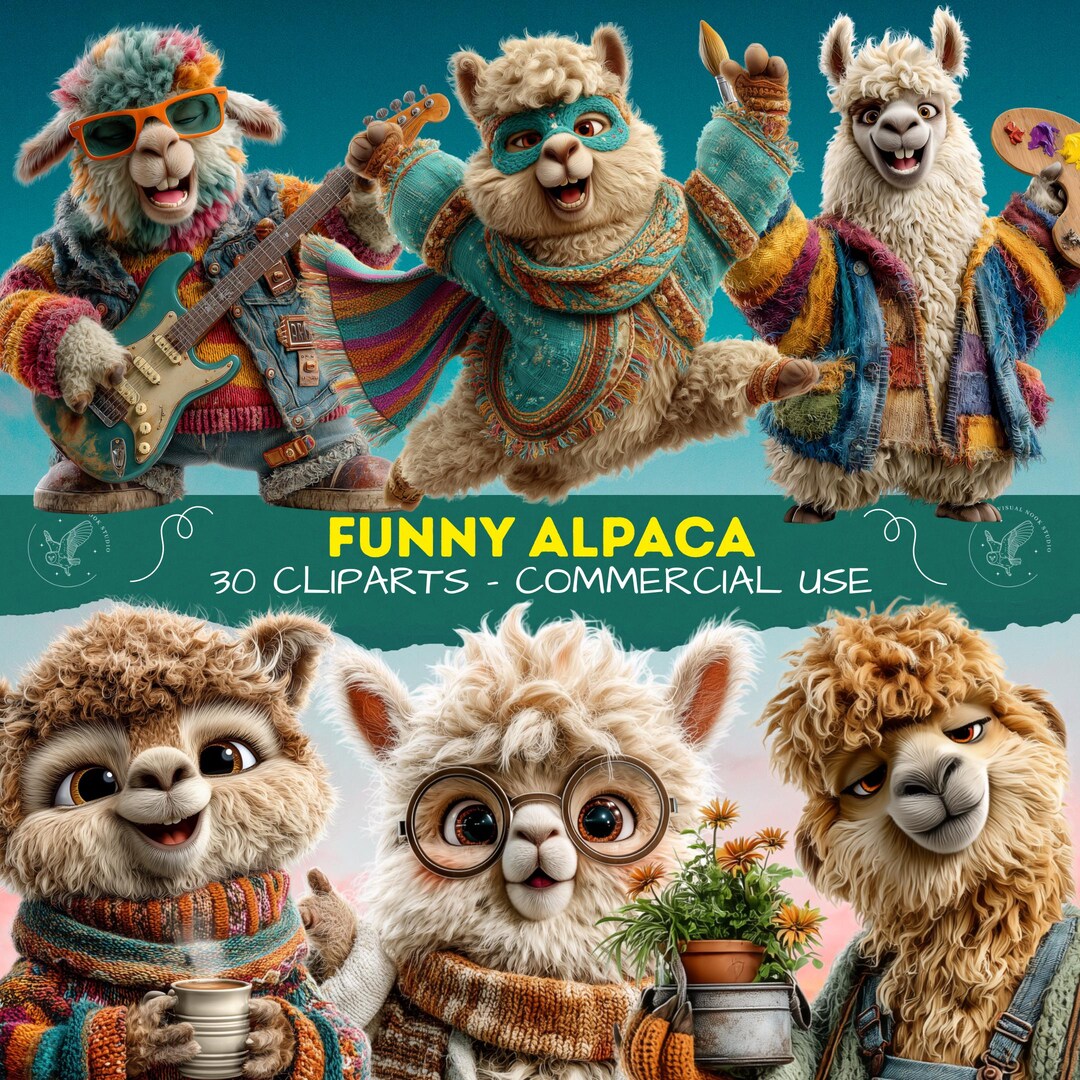 Funny Alpaca Cliparts: Cartoon PNG Images for Scrapbooking (digital ...