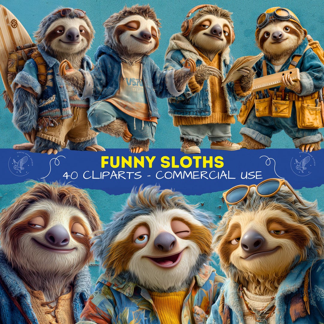 40 Funny Sloths Clipart Set, Anthropomorphic Sloth Characters, Cute ...