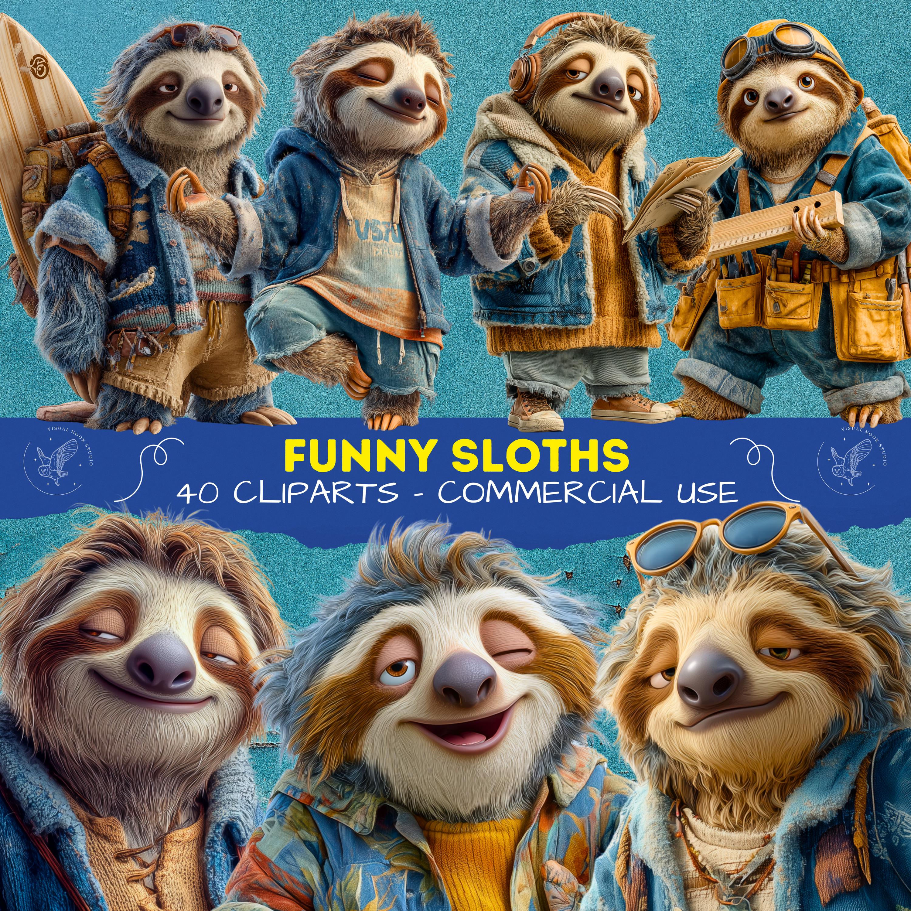 40 Funny Sloths Clipart Set, Anthropomorphic Sloth Characters, Cute ...