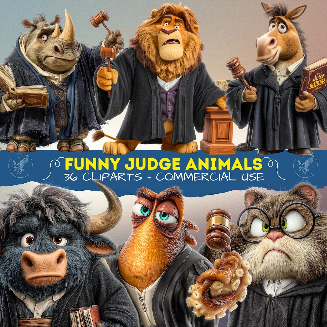 36 Funny Judge Animals Clipart, Cartoon Animals in Courtroom Robes ...