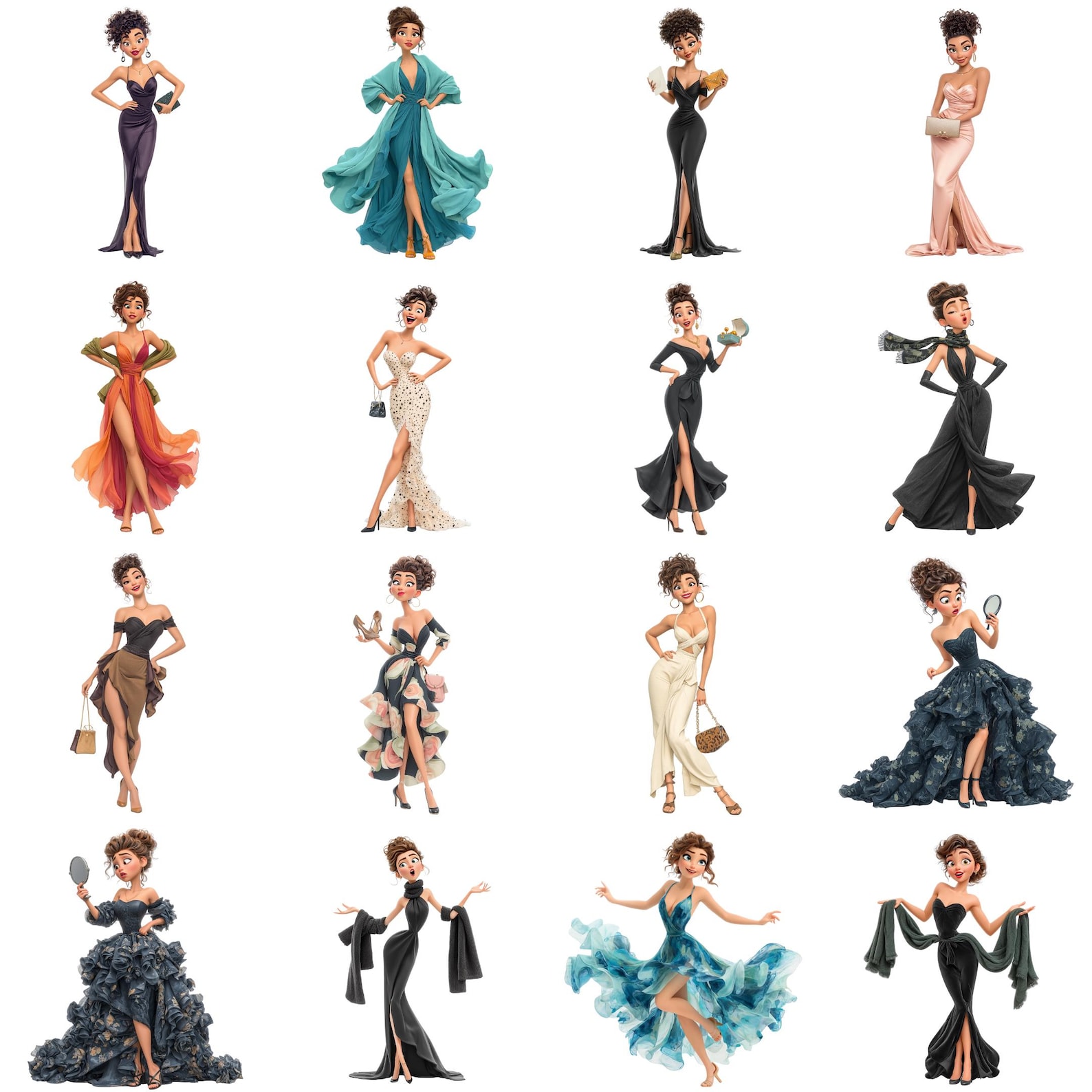 Elegant Quirky Glam Clipart, Stylish Women Gala Fashion Digital ...