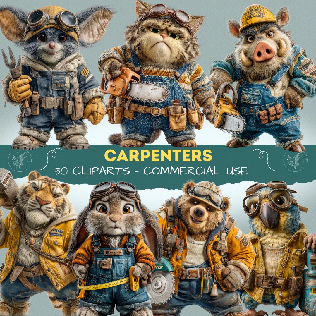30 Funny Animal Carpenter Cliparts: Cartoon PNG Images for Scrapbooking ...