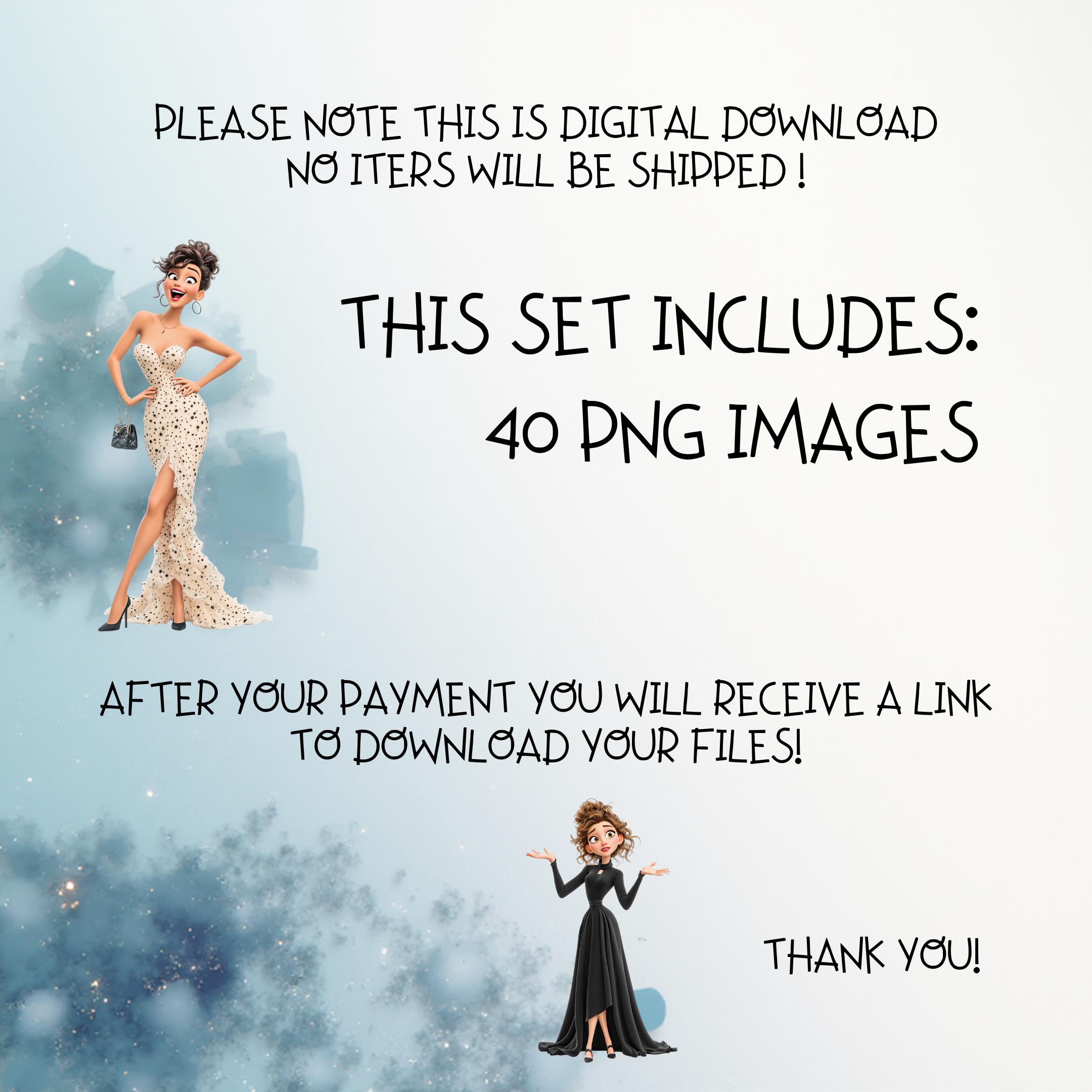 40 Elegant Quirky Glam Clipart, Stylish Women Gala Fashion Digital ...