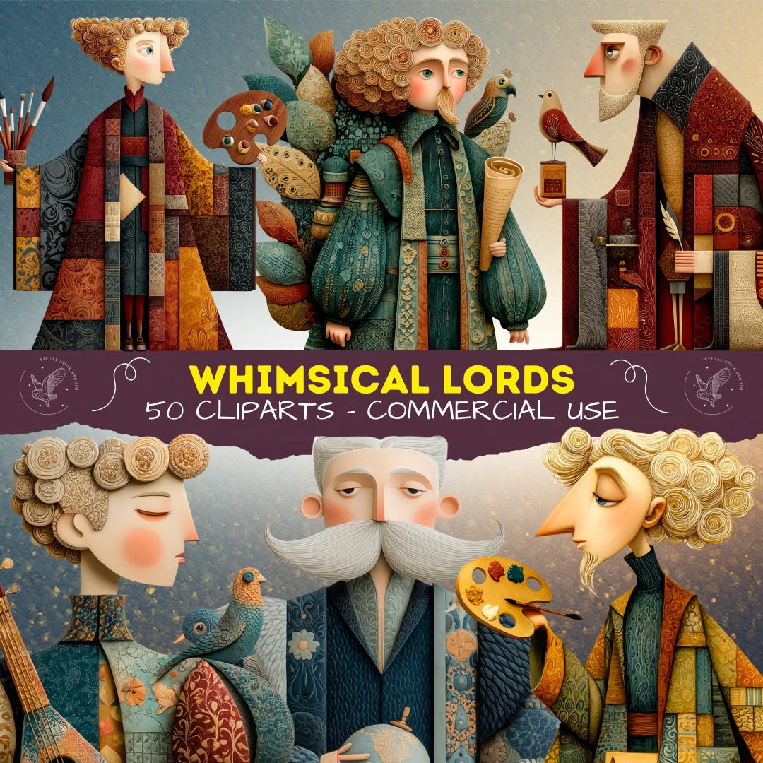 Whimsical Lords Cliparts, Folk Art PNG Graphics for Crafts (commercial ...