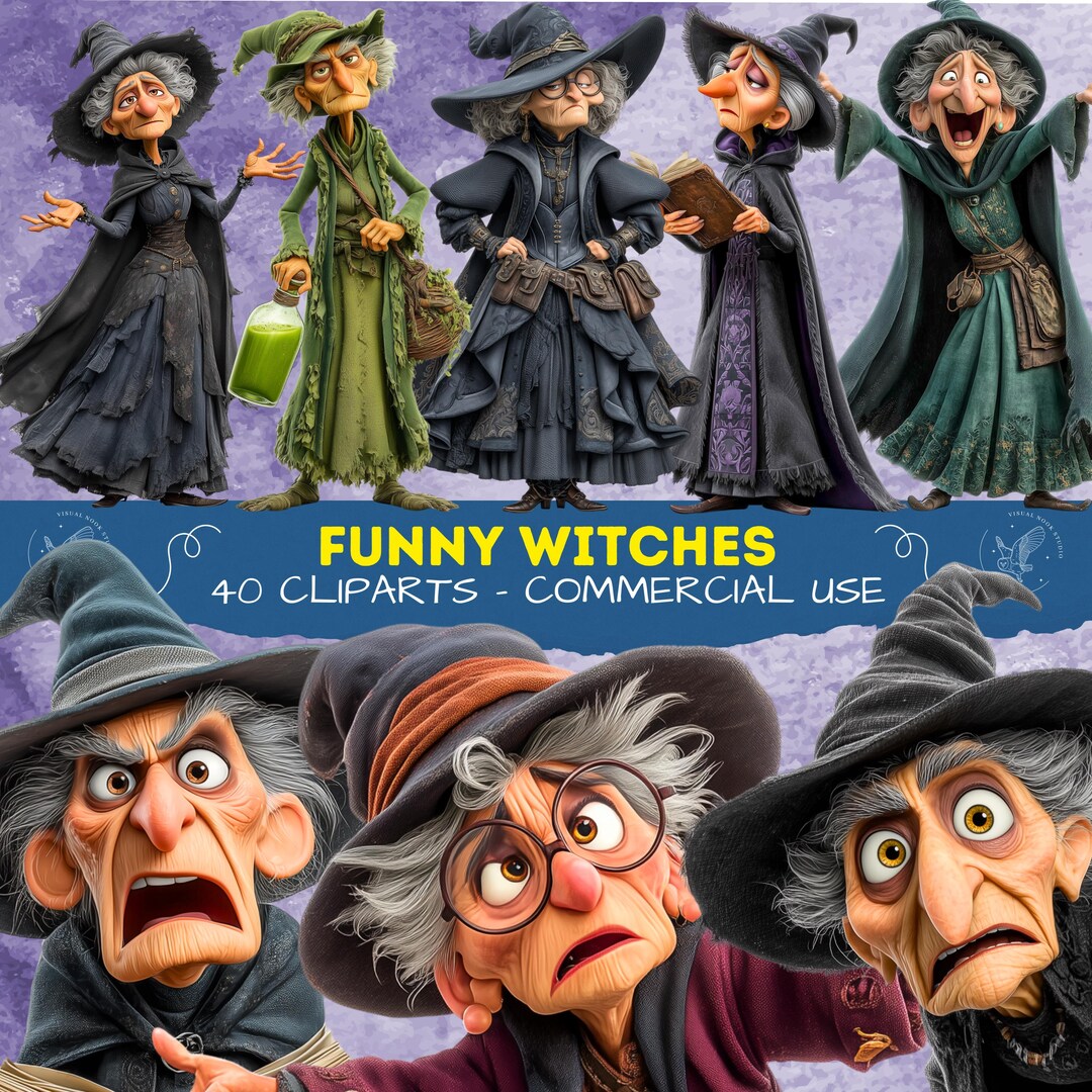 40 Funny Witches Clipart Set, Cute Cartoon Witch Characters for ...