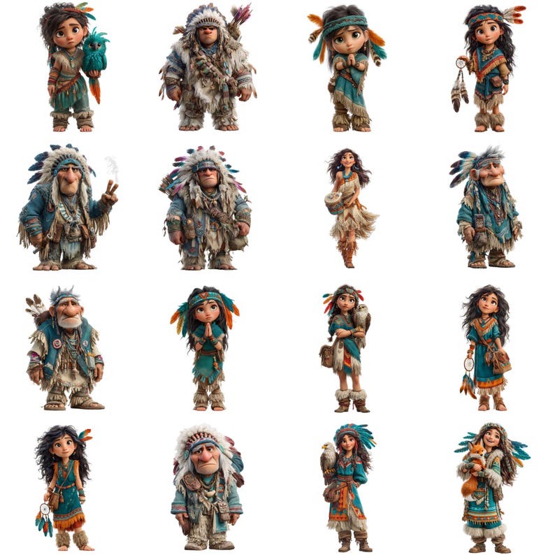 62 Funny Native American Clipart Set - Cute Tribal Characters, Cartoon ...