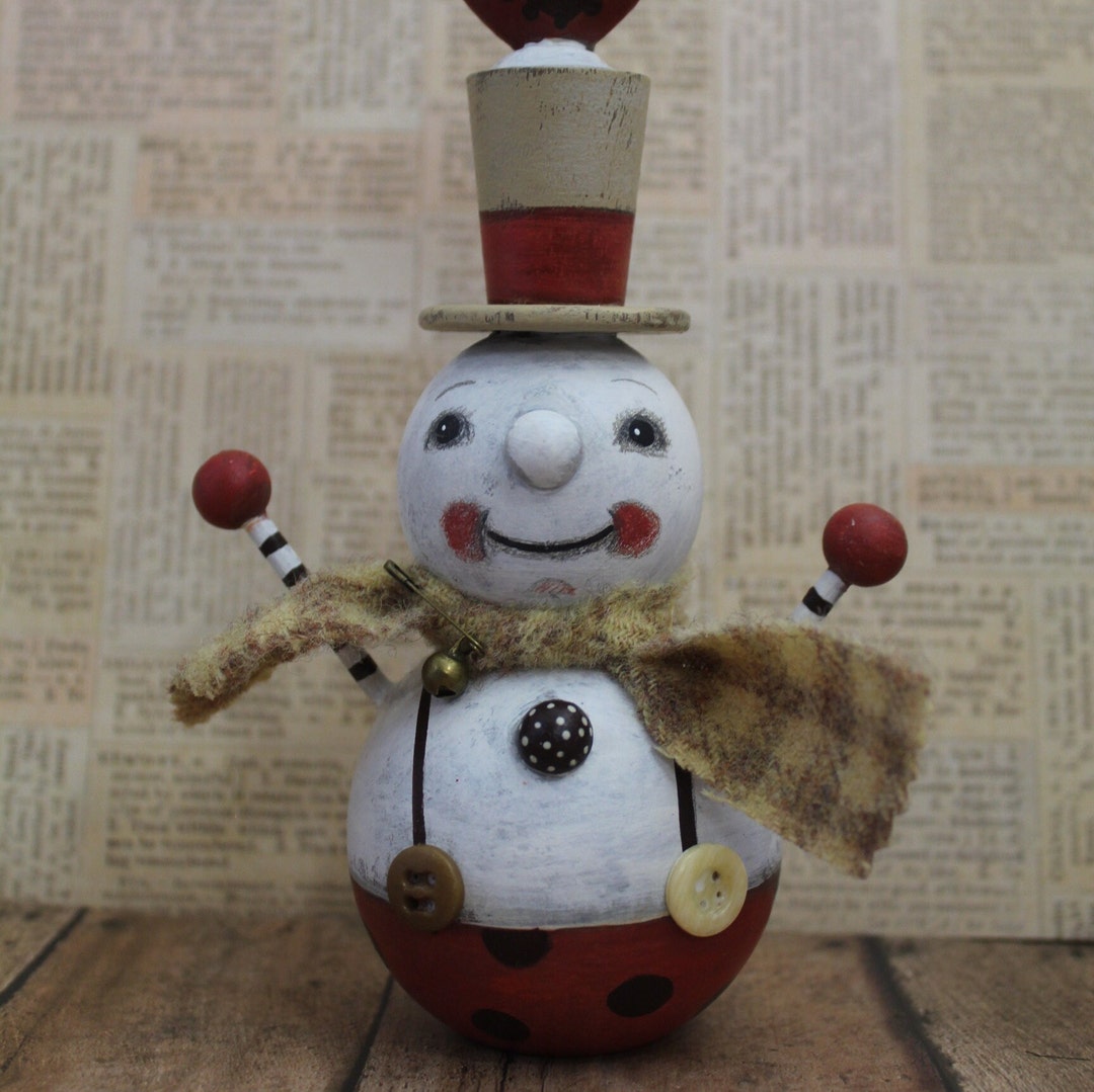SNOWMAN FOLKART Collectible/wooden Snowman With Heart Figurine ...