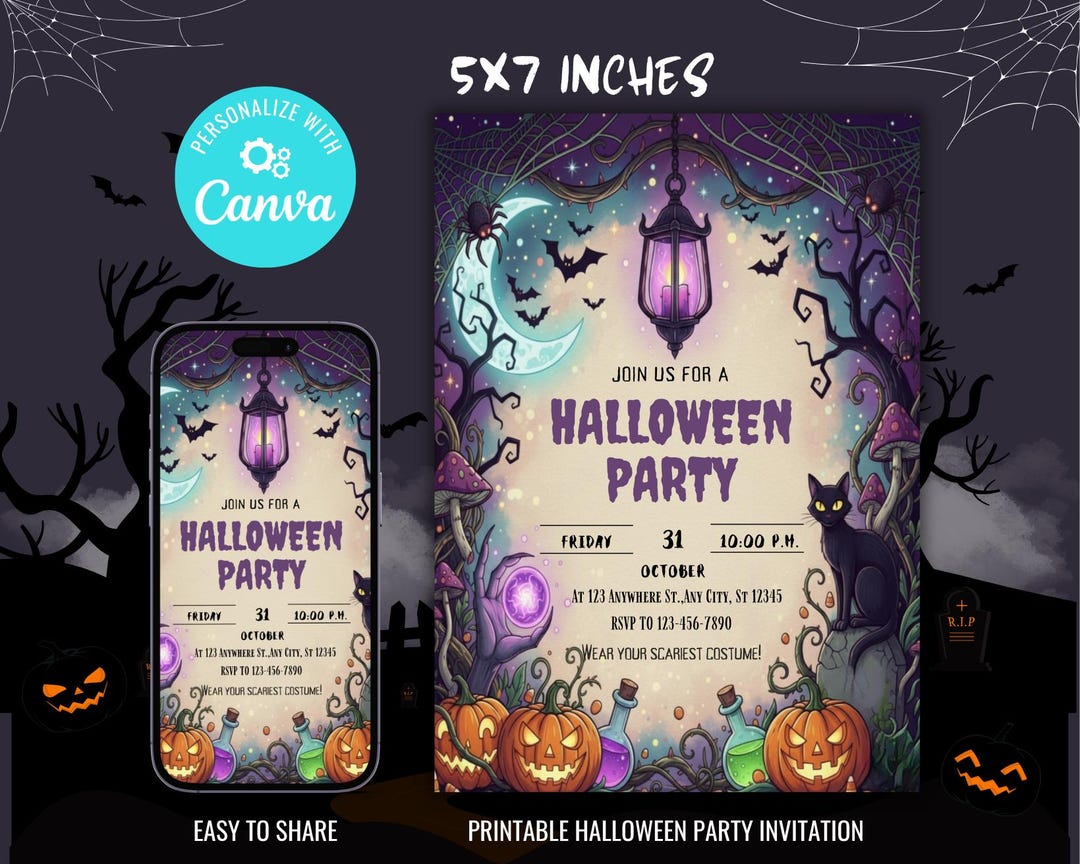 Editable Spooky Halloween Party Invitation: Kids E-invite Canva ...