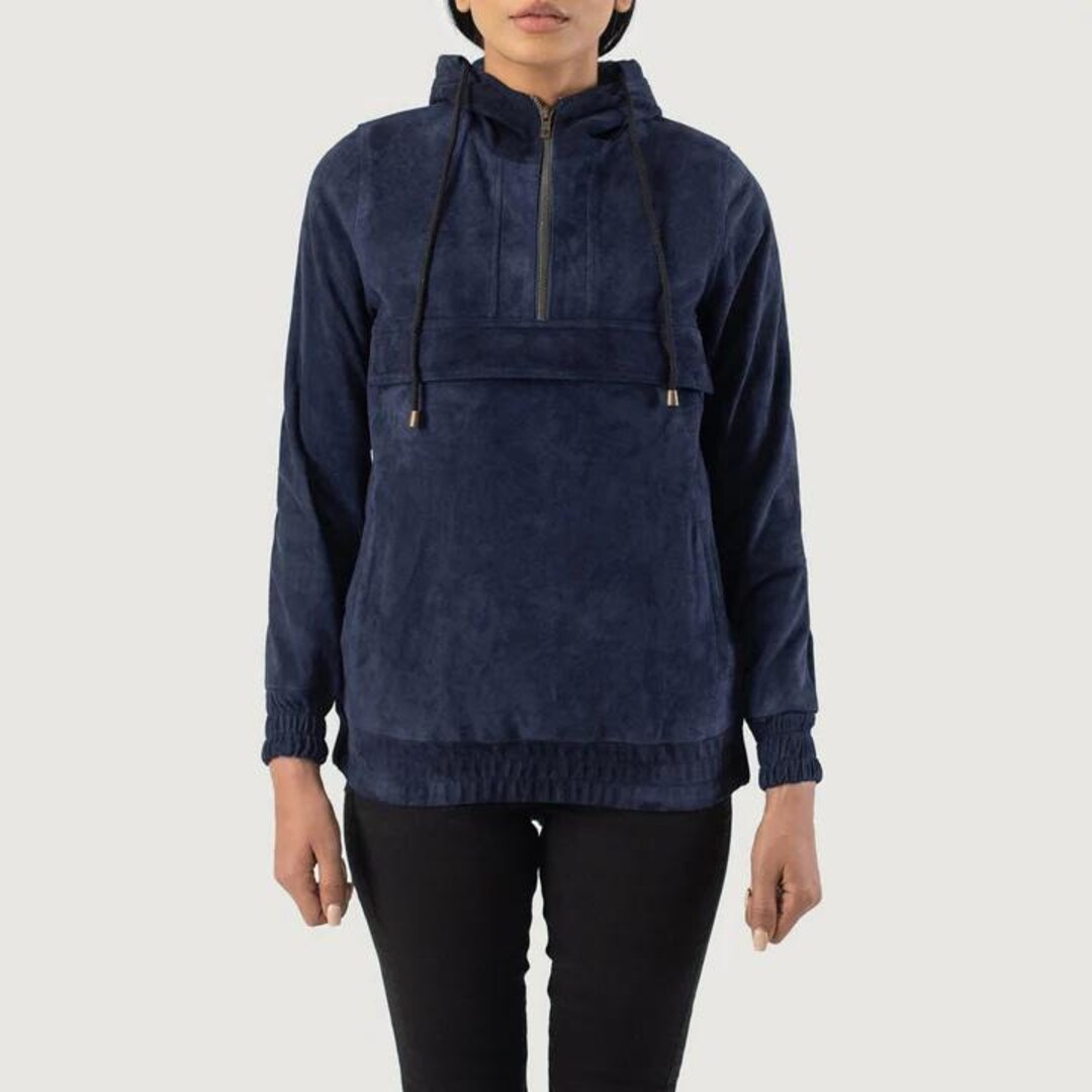 Men’s Blue Goatskin Suede Pullover Hoodie – Half Zip Streetwear Jacket ...