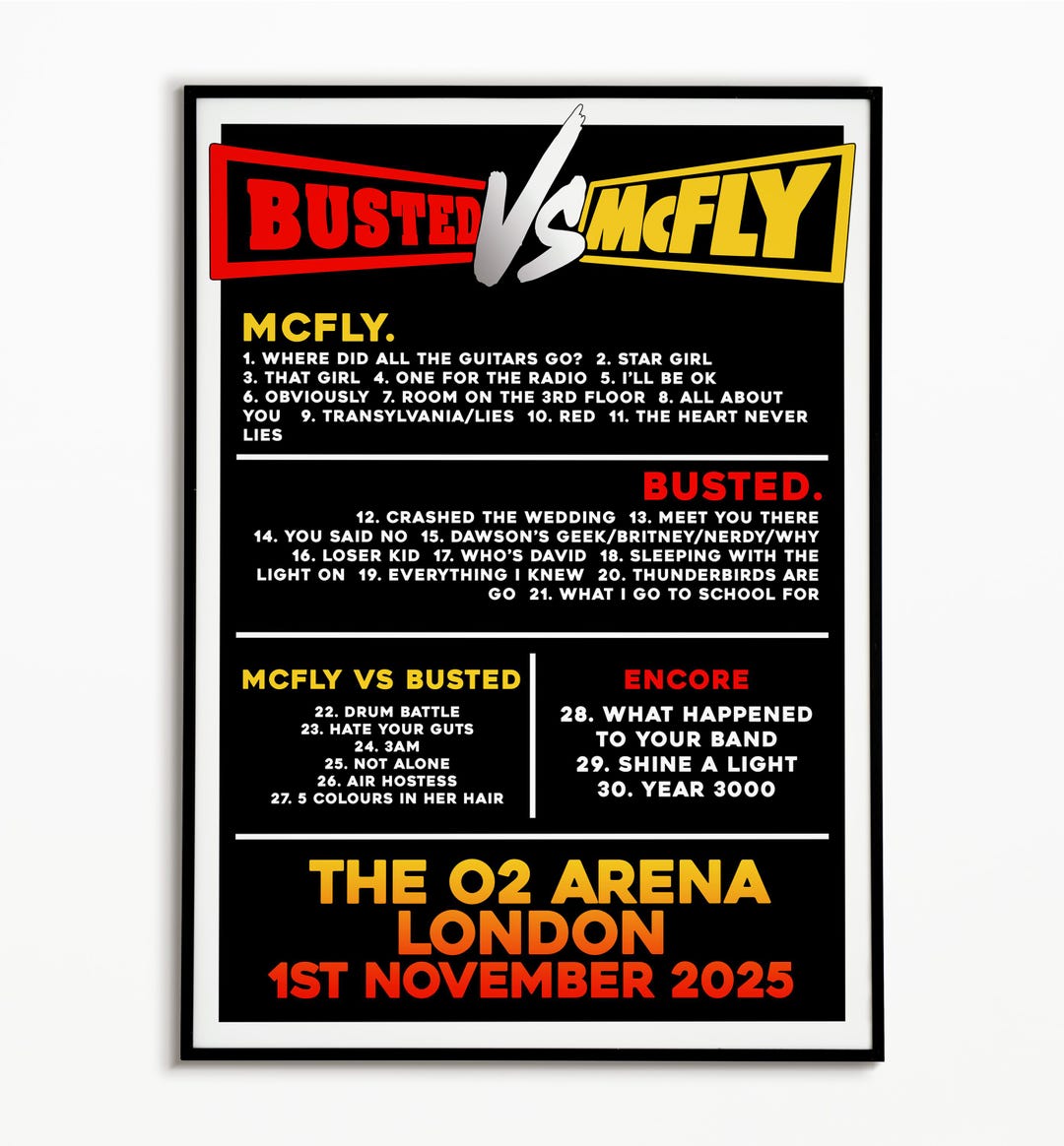 Busted Vs Mcfly 1st Nov London O2 Setlist Print | A5 A4 A3 - Etsy