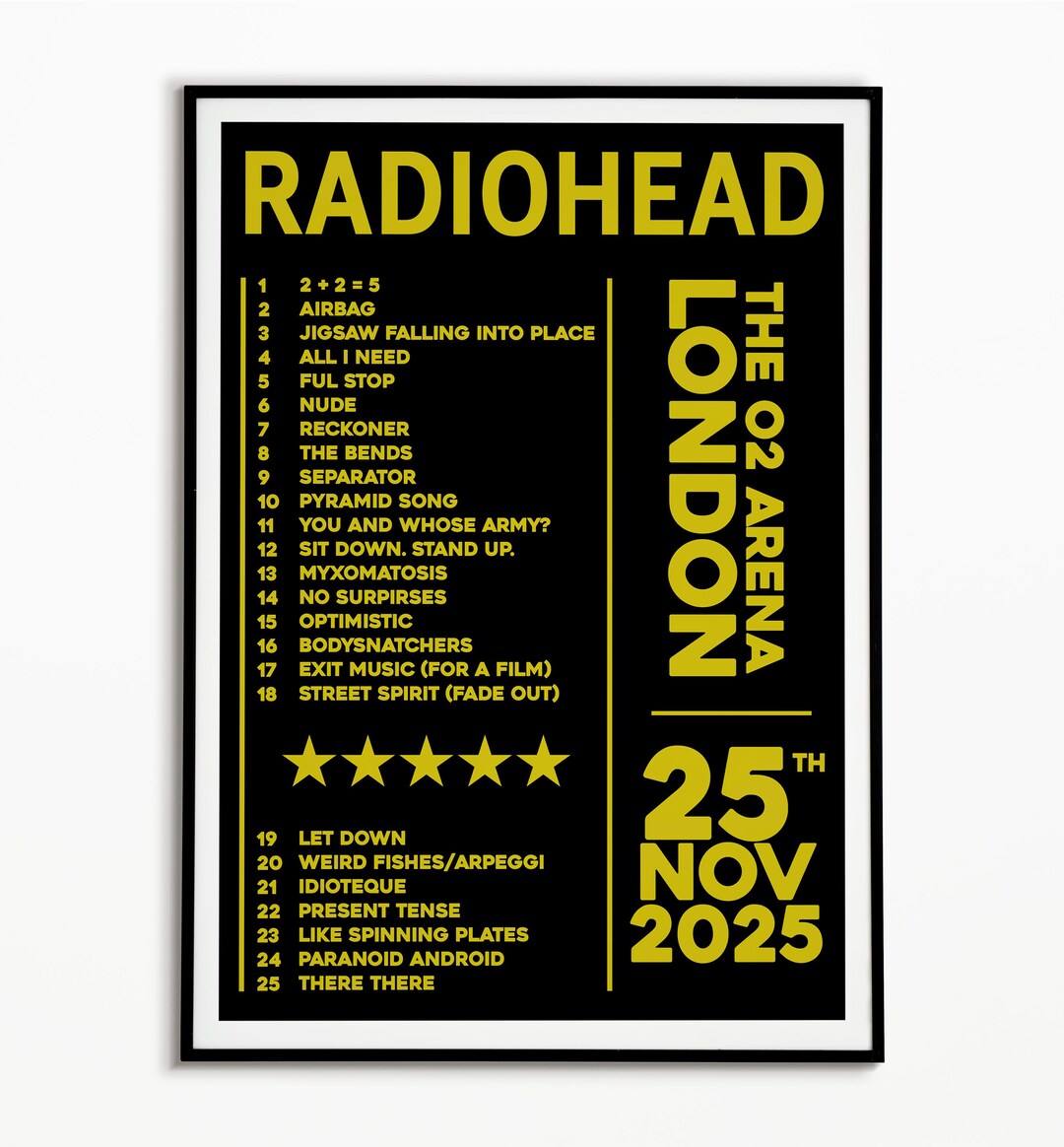 Radiohead Setlist Print: 25th Nov 2025 the O2 Arena London Concert ...