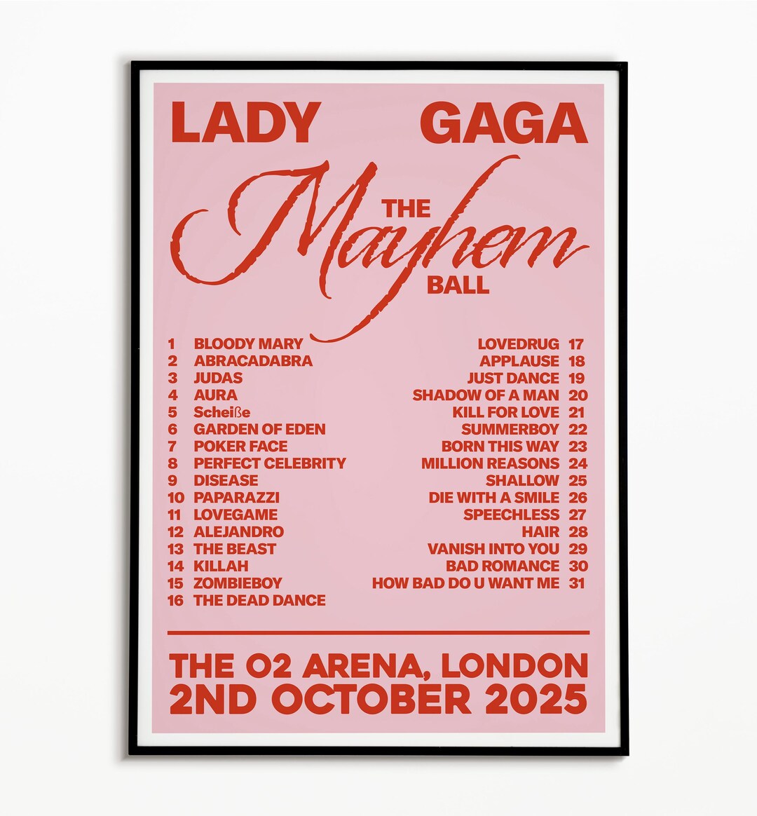 Lady Gaga Mayhem Ball Setlist Print | 2nd Oct 2025 London - Etsy