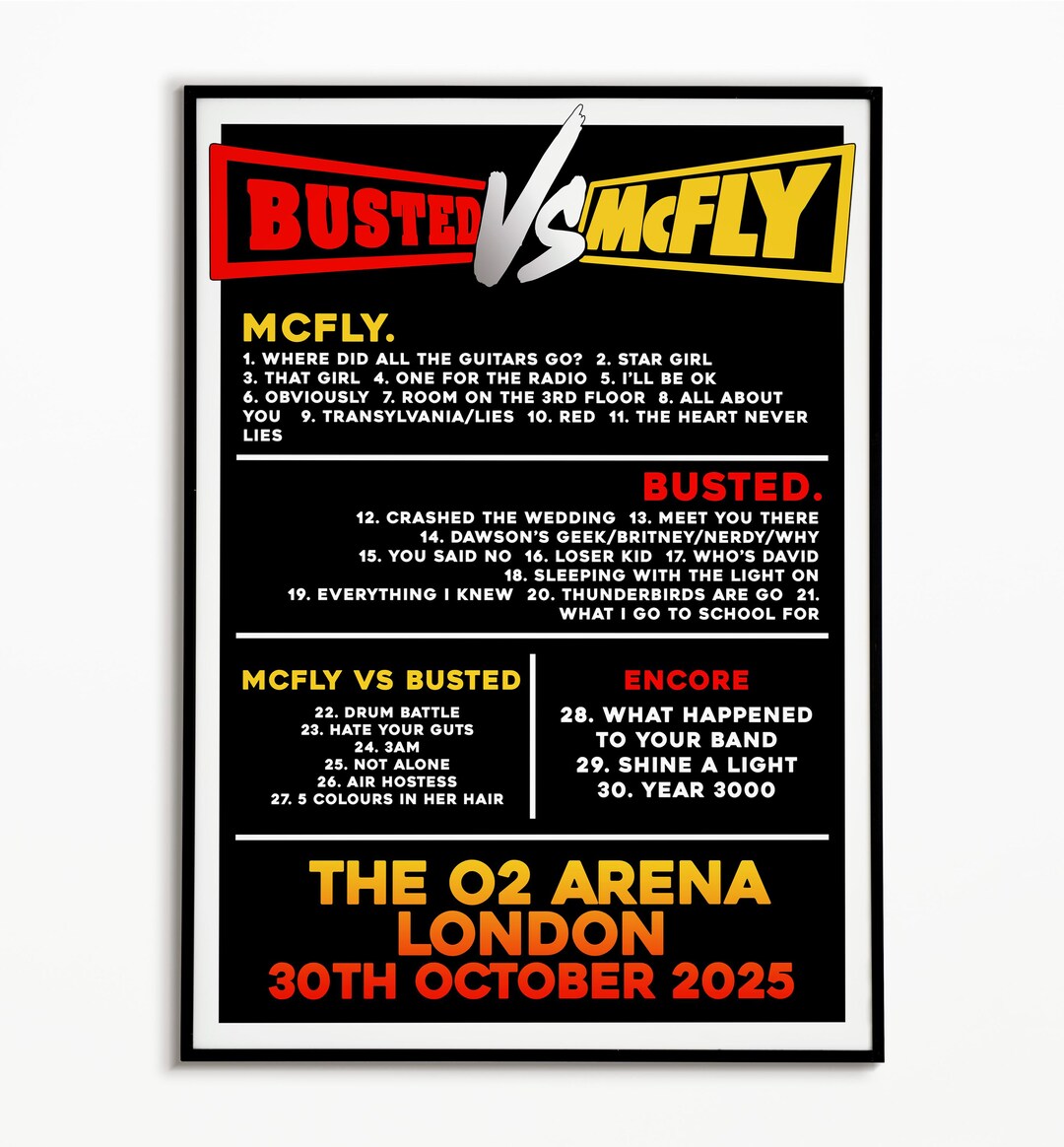 Busted Vs Mcfly 30th Oct London O2 Setlist Print | A5 A4 A3 - Etsy