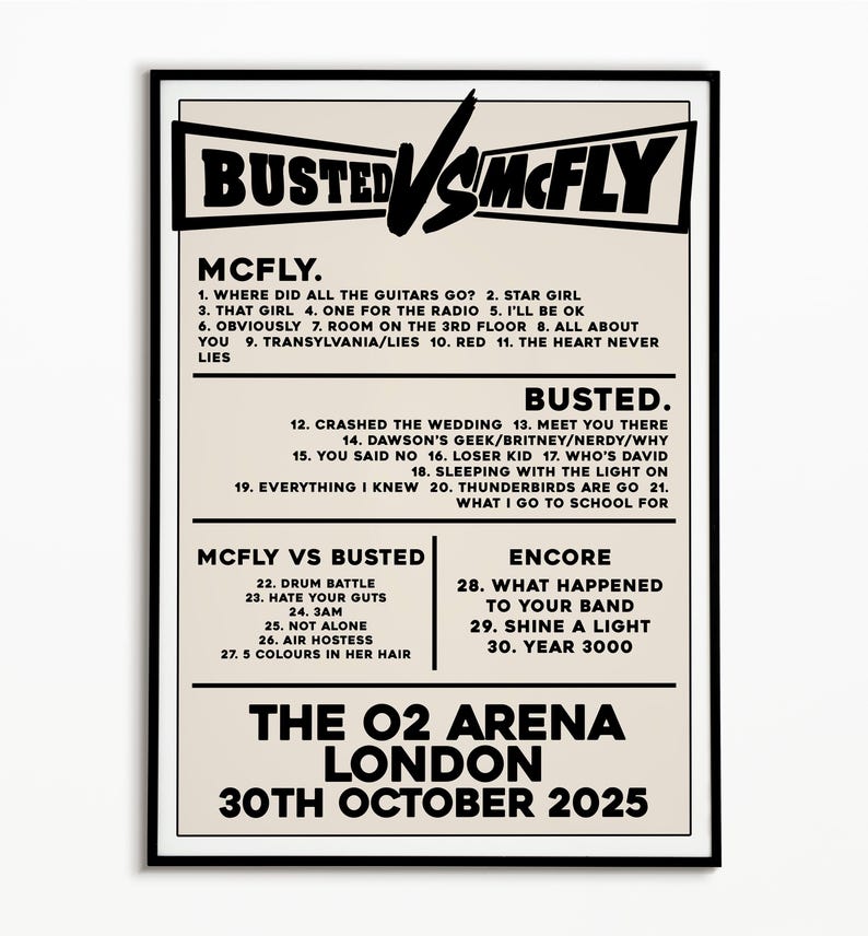 Busted Vs Mcfly 30th Oct London O2 Setlist Print | A5 A4 A3 - Etsy