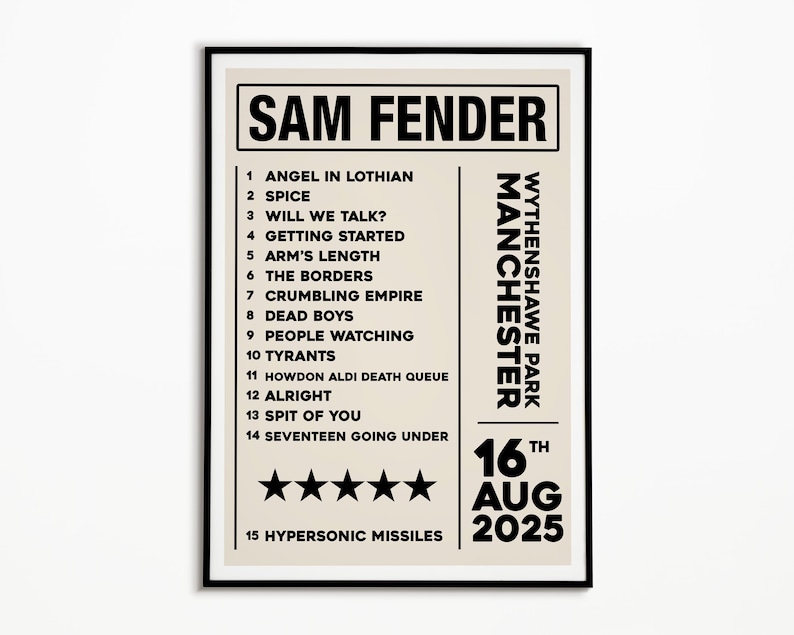 Sam Fender Setlist Print: 16th Aug 2025 Wythenshawe Park Concert, Indie ...