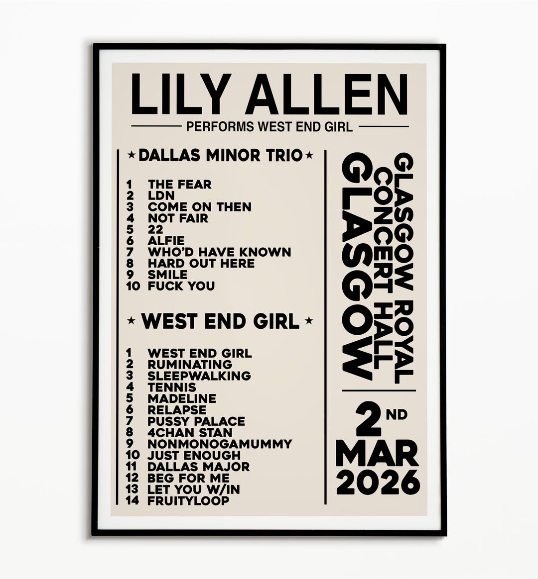 Lily Allen Setlist Print: 2nd March 2026 Glasgow Concert Hall Concert ...
