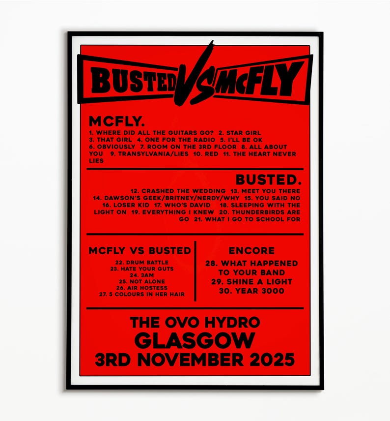 Busted Vs Mcfly 3rd Nov Glasgow O2 Setlist Print | A5 A4 A3 - Etsy