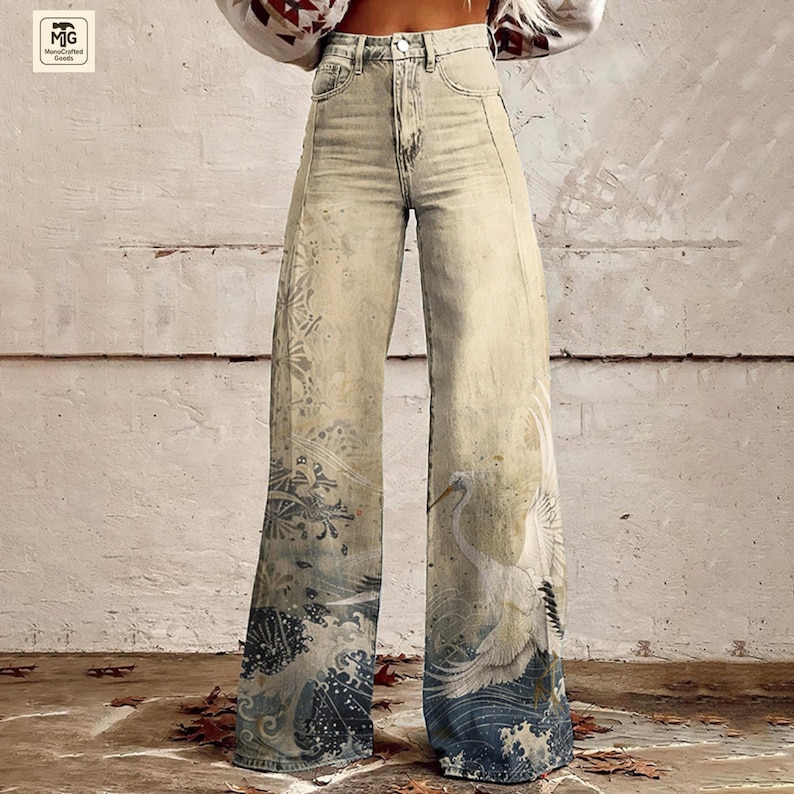 Flame Print Wide Leg Jeans: High Waist Streetwear Denim - Etsy