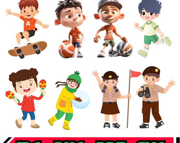 Set of Cartoon Little Children PNG Clipart. Cute Kindergarten Kids ...