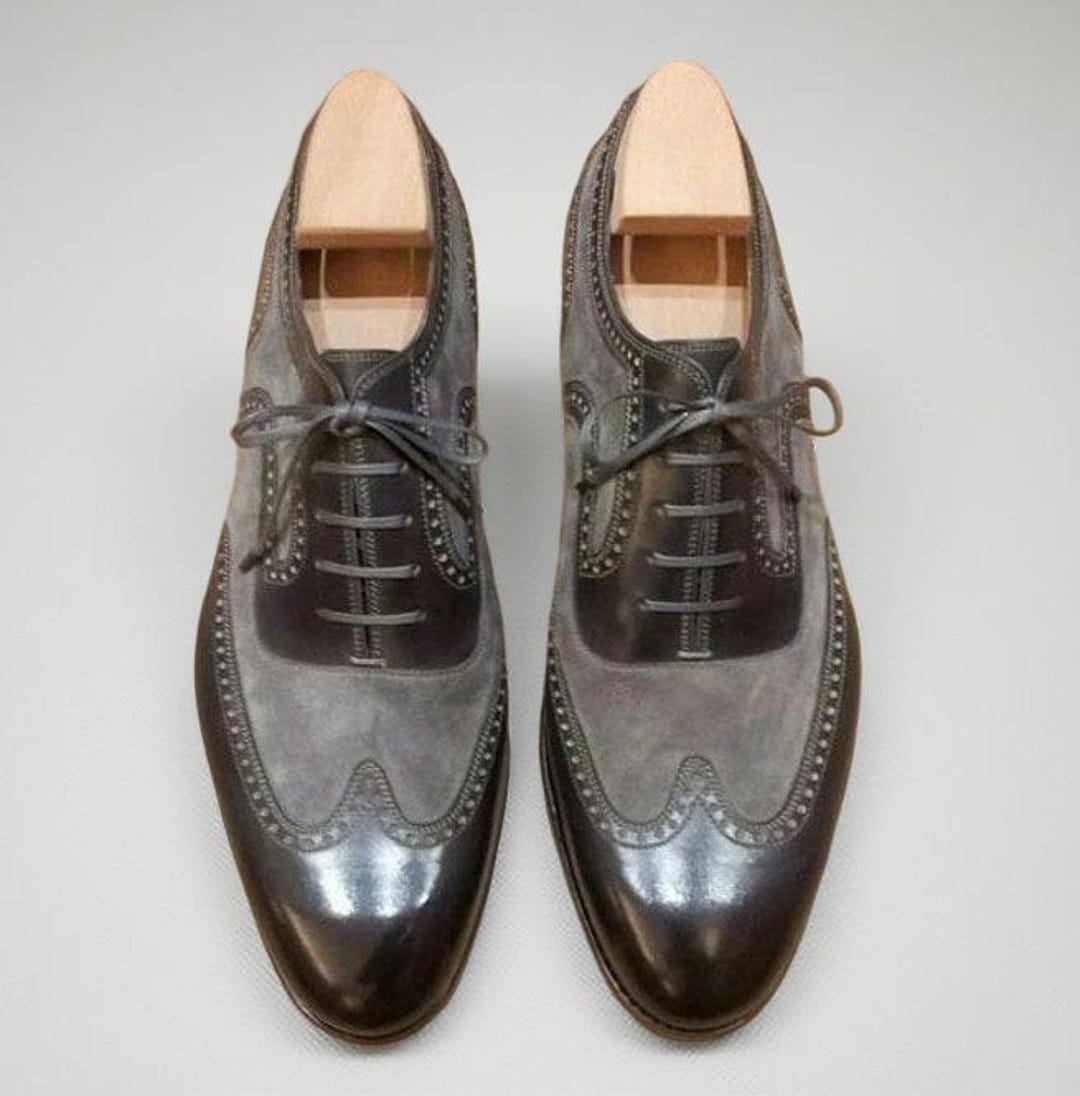 Handmade Gray & Black Leather Wingtip Shoes, Formal Wear - Etsy