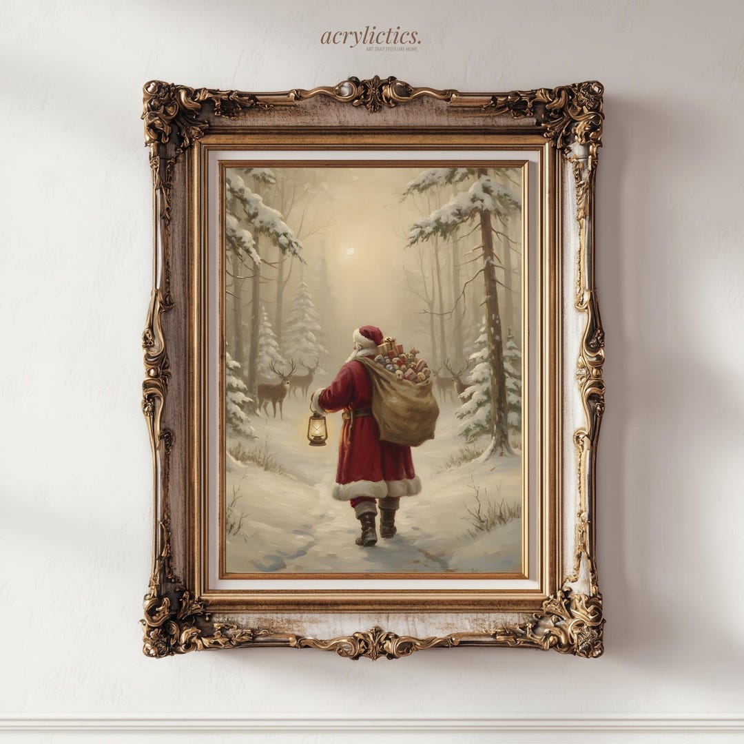 Vintage Santa Claus & Reindeer Wall Art Print | Antique Christmas ...