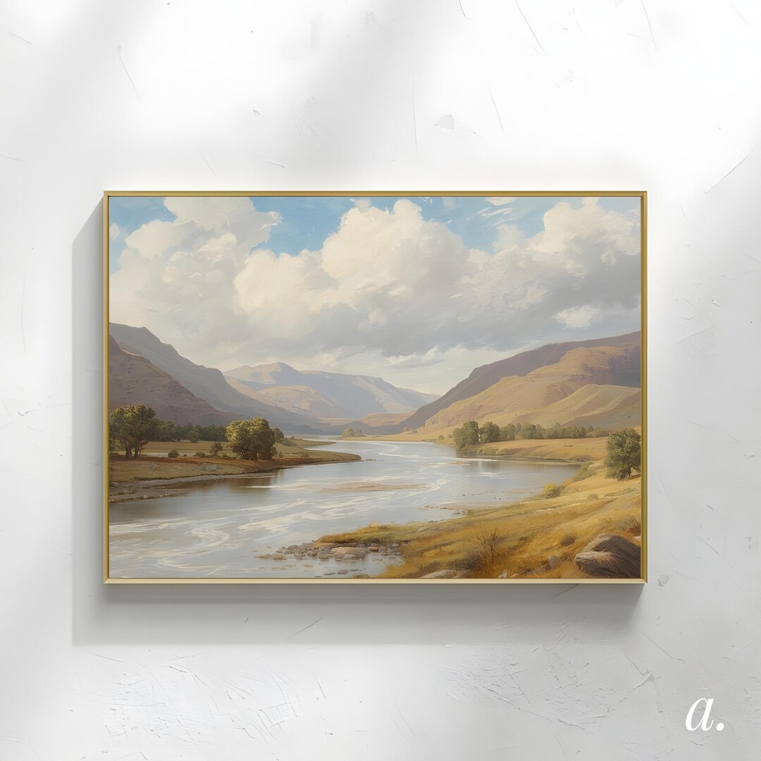Vast Mountain River Wall Art | Scenic Valley Landscape Oil Painting ...