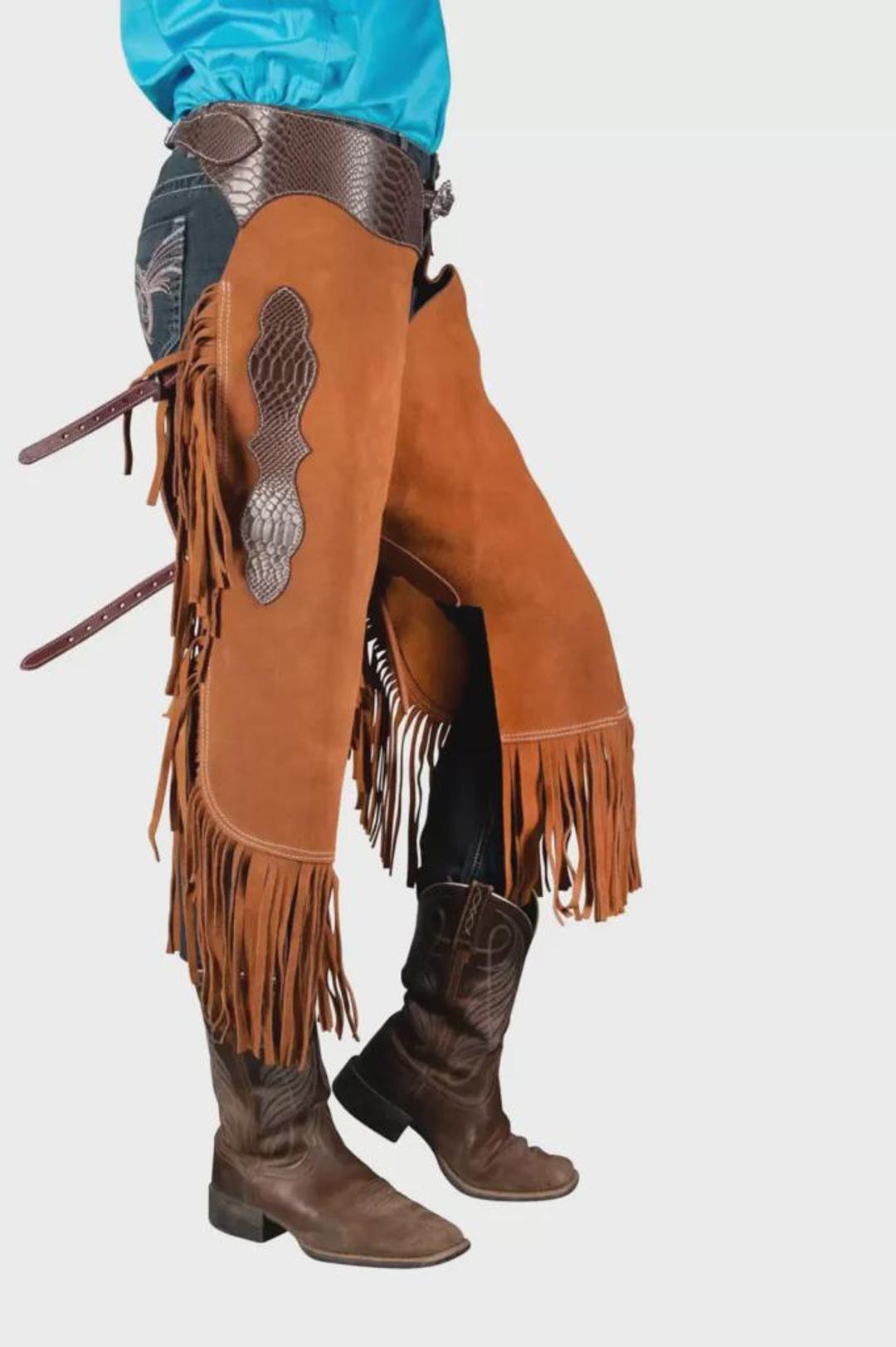 Brown Suede Leather Fringe Chaps Western Rodeo Cowboy Cowgirl Chinks ...