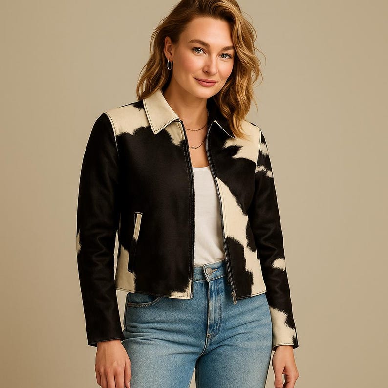 Cowhide Leather Jacket Women – Handmade Hair-on Cow Skin Coat, Black ...