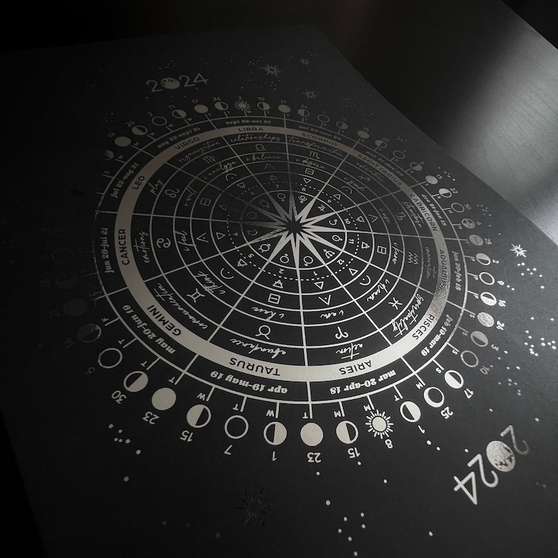 2024 ASTROLOGICAL WHEEL Moon Cycle Calendar Silver Foil Art Print ...