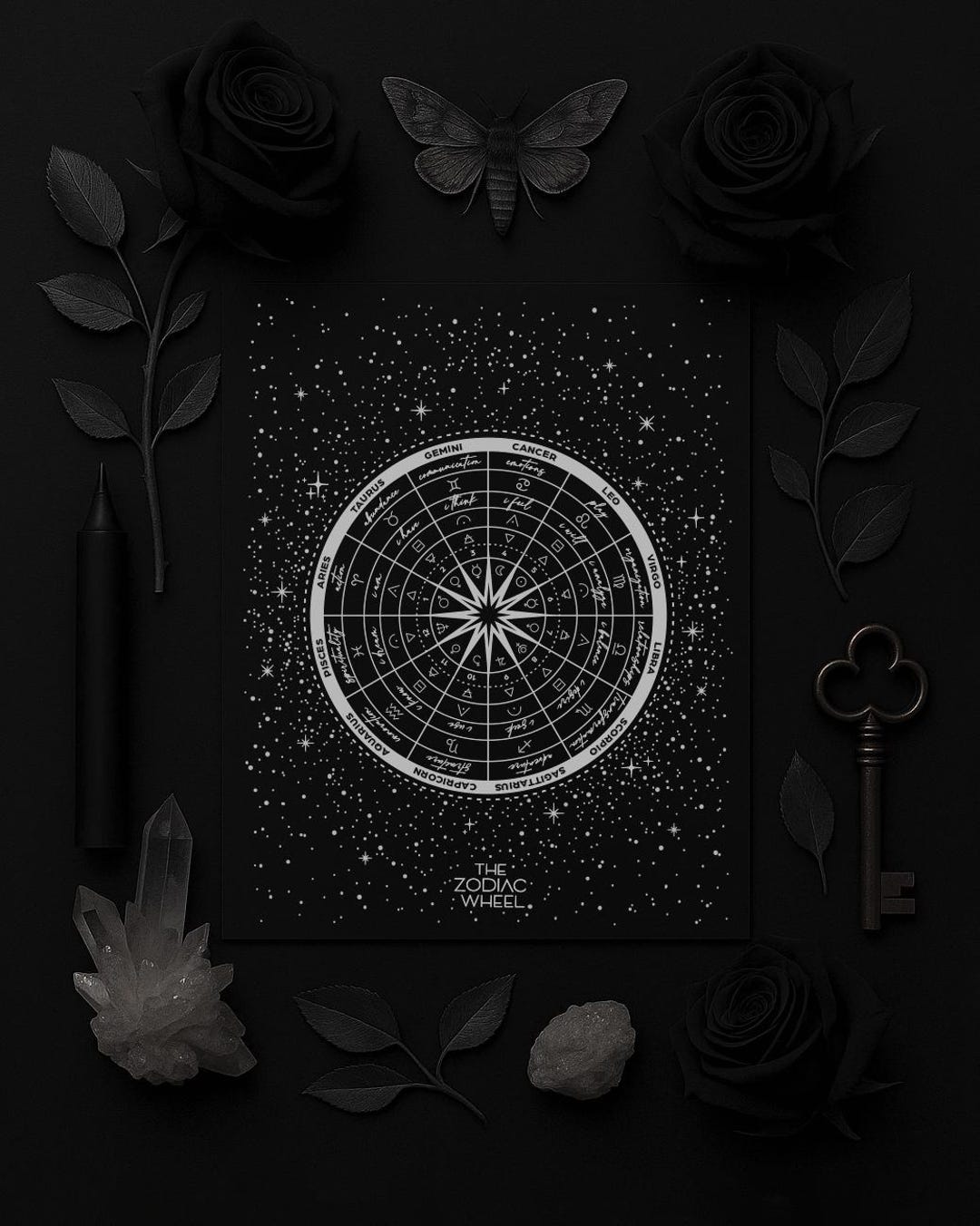ZODIAC Astrological Wheel Chart Silver Foil Art Print, Astrology Wall ...
