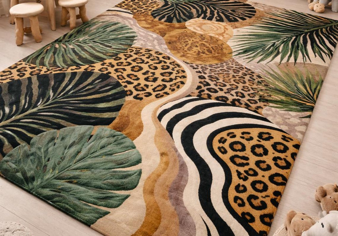 Contemporary Jungle Area Rug, With Tropical Animal Print Kids Room ...