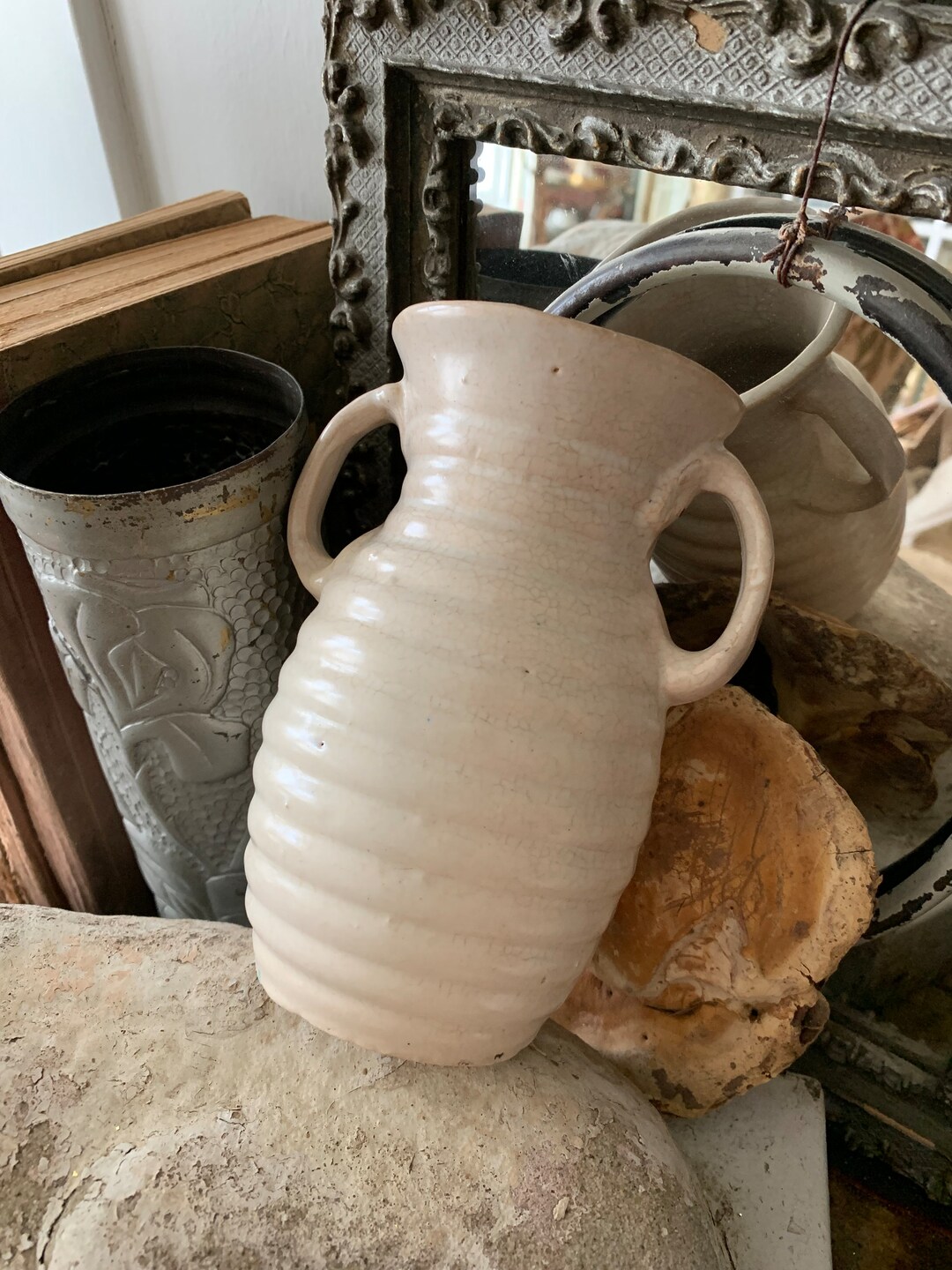An Antique White Ribbed Two Handled Mccoy Vase That’s Been Hiding for ...