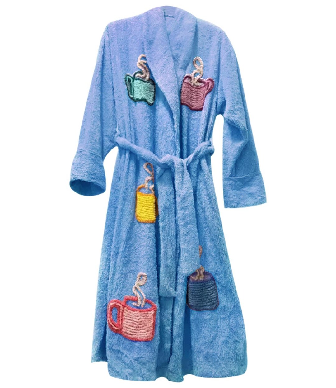 Handmade Sky Blue Bathrobe With Colorful Coffee Mug Embroidery | Soft ...