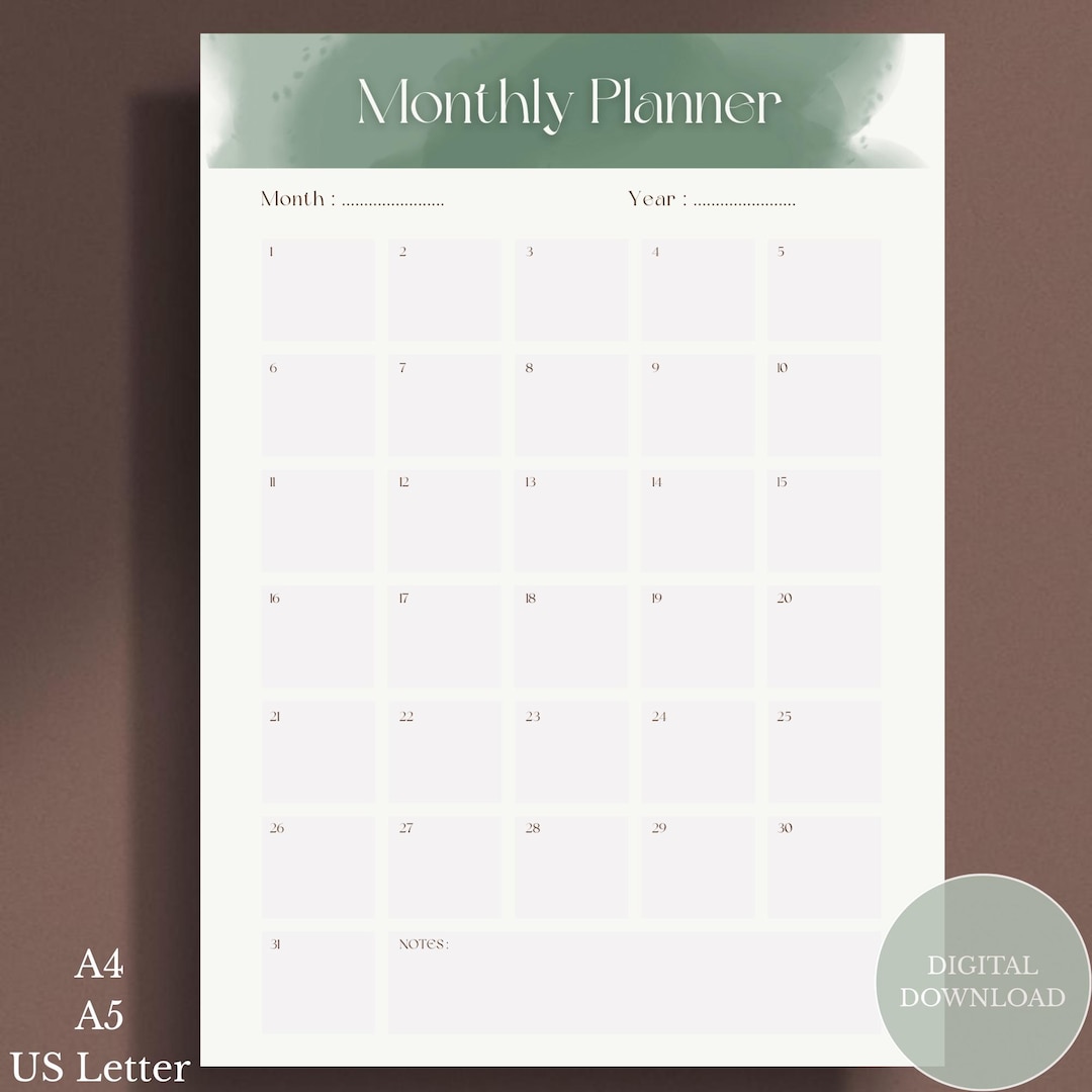 Printable Monthly Planner | A4 A5 Letter Size | Minimalist Calendar ...