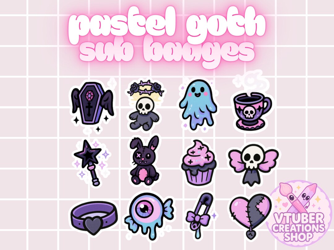 Pastel Goth Twitch Sub Badges: Kawaii Gothic Streamer PNG Set (digital ...