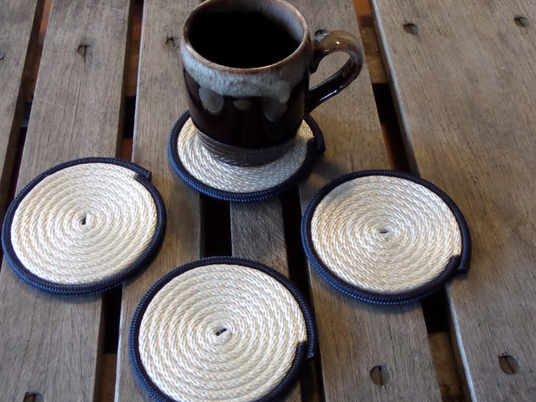 Nautical Decor Coasters Set of 4 White With Navy Trim Coastal - Etsy