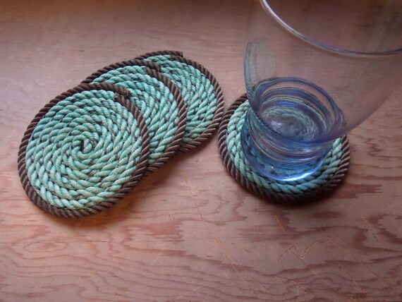Set of 4 Rope Coasters Nautical Decor Natural With Green Beach - Etsy