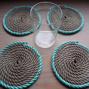 Set of 4 Rope Coasters Nautical Decor Natural With Green Beach - Etsy