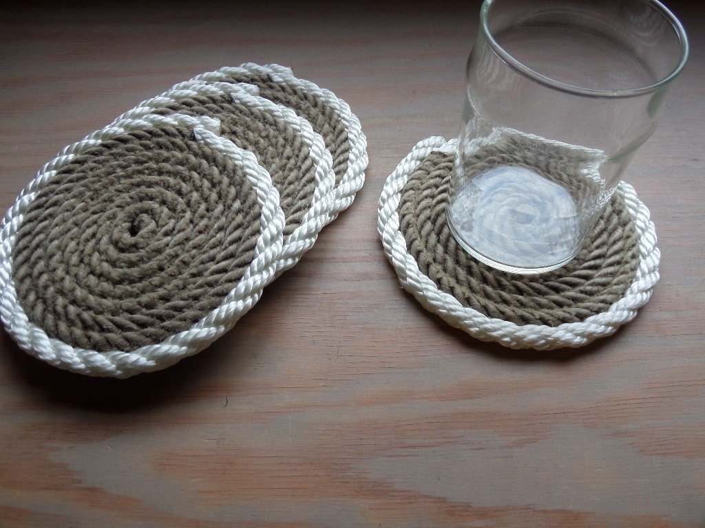 Set of 4 Rope Coasters Nautical Decor Natural with White Trim | Etsy