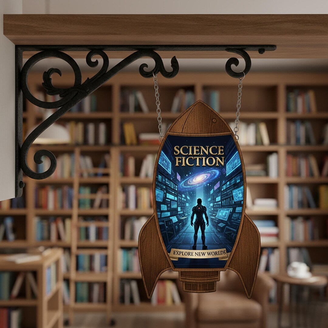 Science Fiction Book Nook Sign, Wooden Spaceship Bookshelf Plaque - Etsy