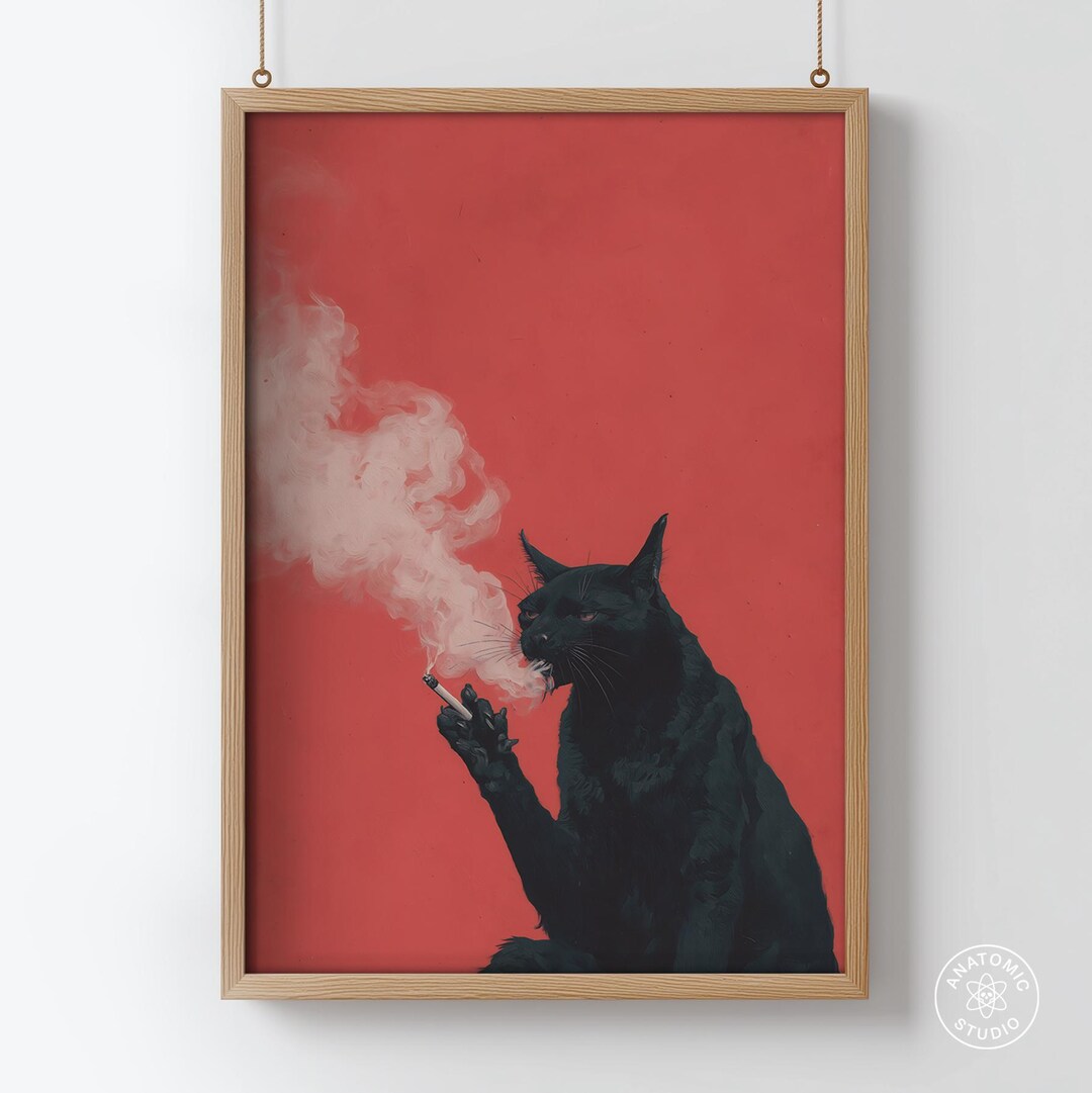 Black Cat Smoking Cigarette – Surreal Wall Art Print, Dark Humor Poster ...