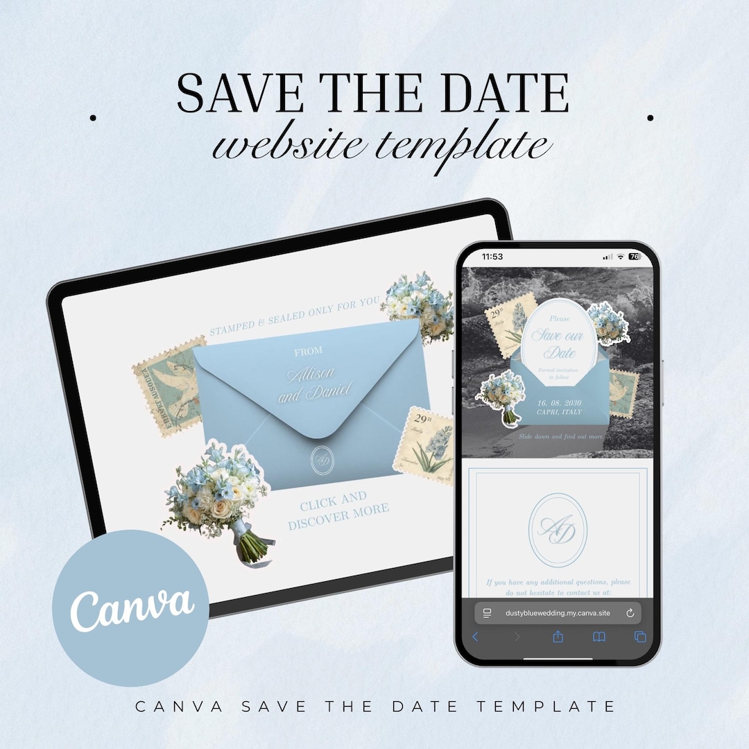 Editable Blue Wedding Save the Dates Website Template, Modern Envelope ...