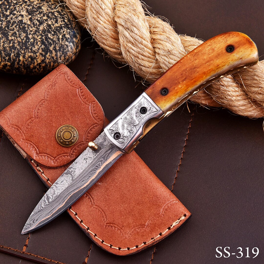 Copper Damascus Handmade Folding Knife- Personalized Stag Horn/dear ...