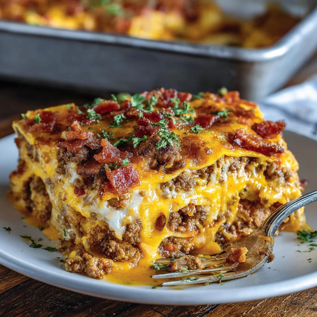 Bacon Cheeseburger Pan Lasagna | Printable Kitchen Card Template ...