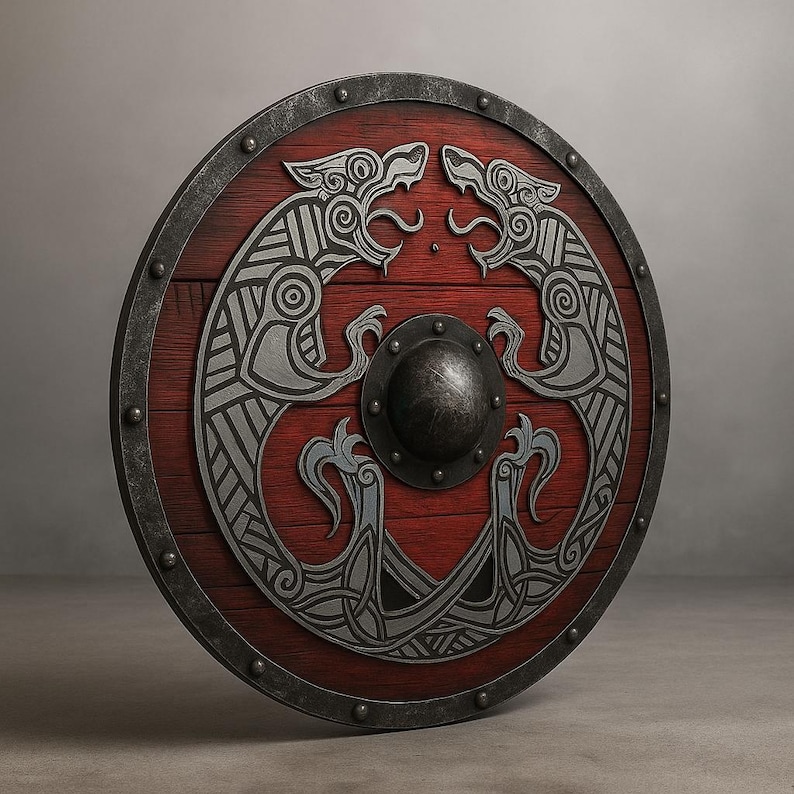 Handcrafted Red Viking Shield: Norse Wolf Design, Medieval Decor - Etsy