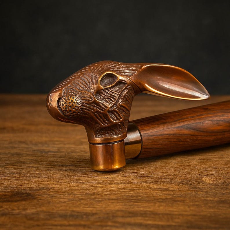 Handcrafted Rabbit Head Walking Cane: Bronze Handle, Spiral Wood Shaft ...