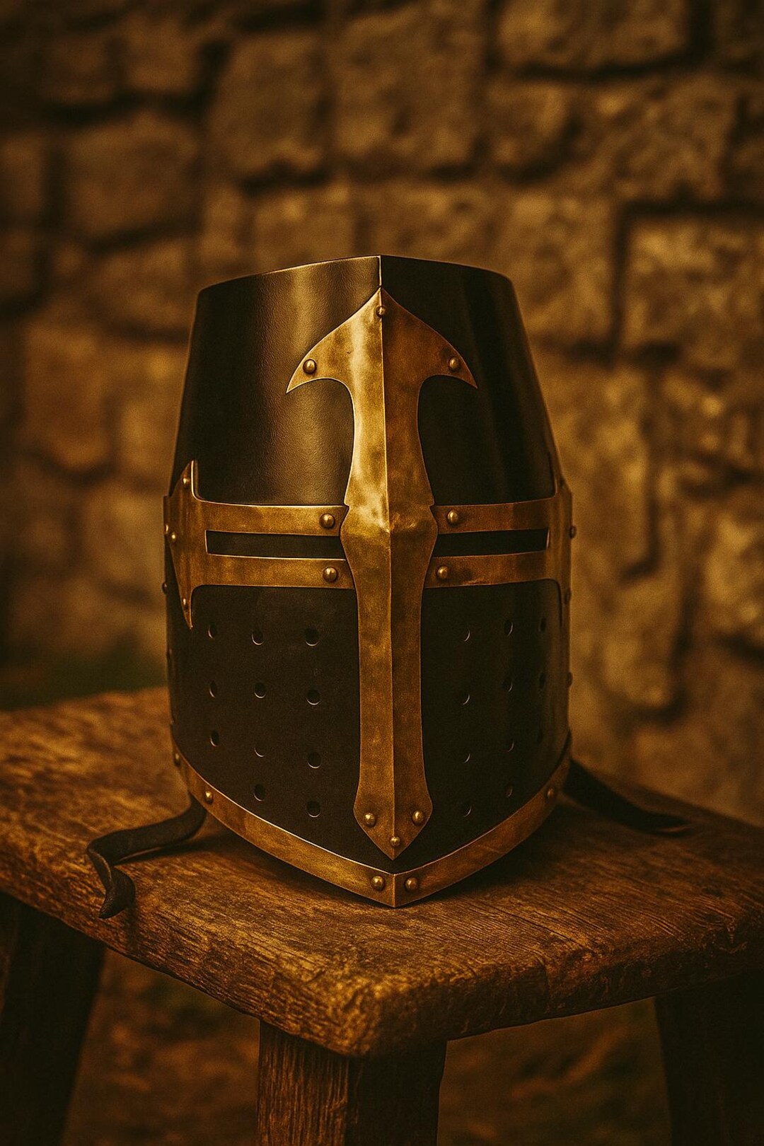 Crusader Great Helm | Medieval Knight Helmet | Black & Brass Templar ...