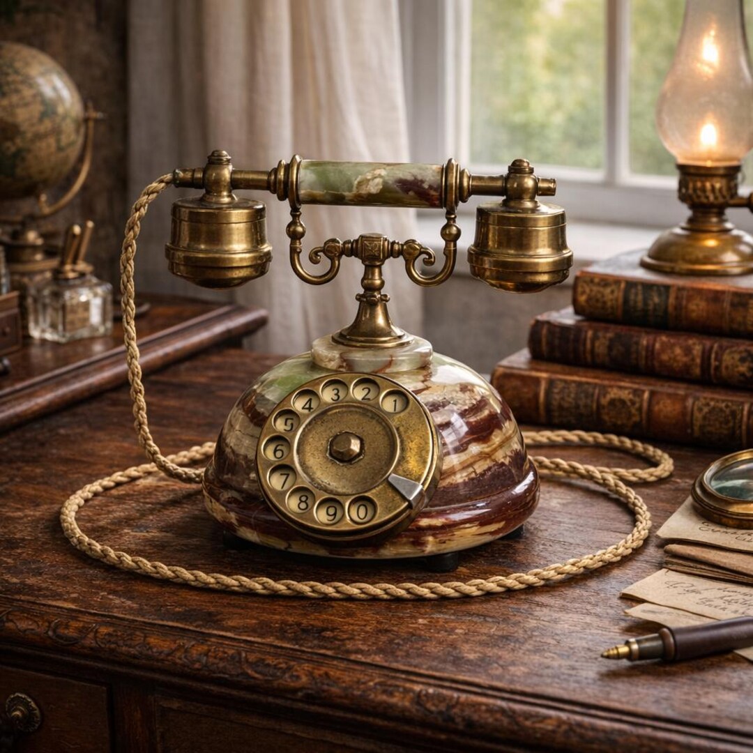 Vintage Italian Onyx Marble Rotary Telephone, Telcer Italia Brass Desk ...