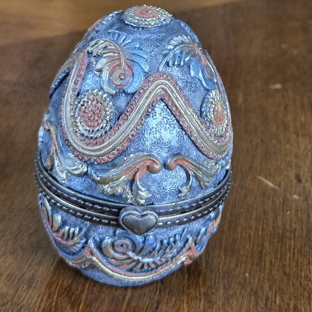 Vintage Decorative Egg Trinket Box Blue Gold Scroll Jewelry Box Small ...